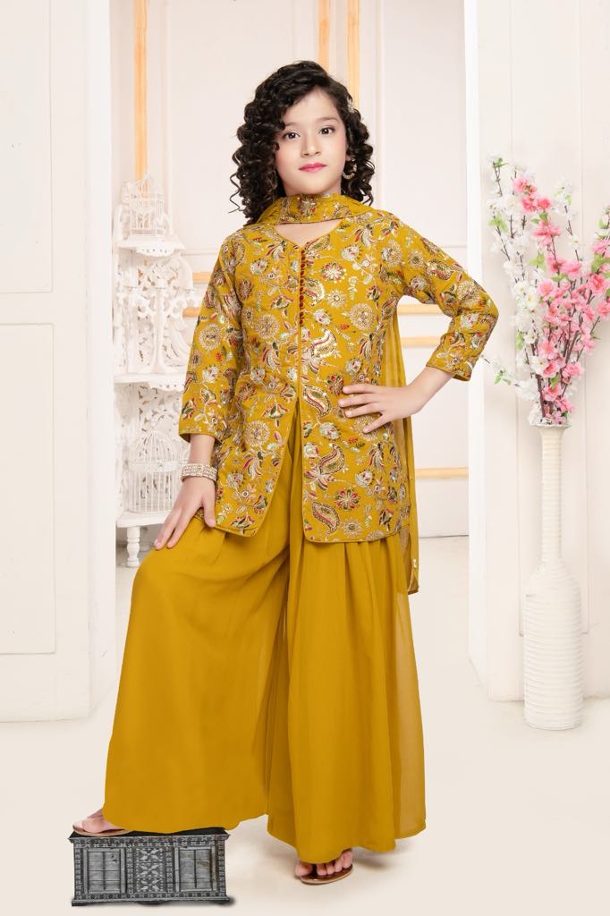 DesiGifts Glamorous Mustard Yellow Georgette with Embroidery Sequins Sharara Suit Girl Indian Dress GRL 1483 Size 32 Yellow